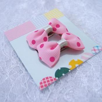 Mini Pastel Pink With Dark Pink Polka Dots Bow Hair Pins ( 2 In A Set ...